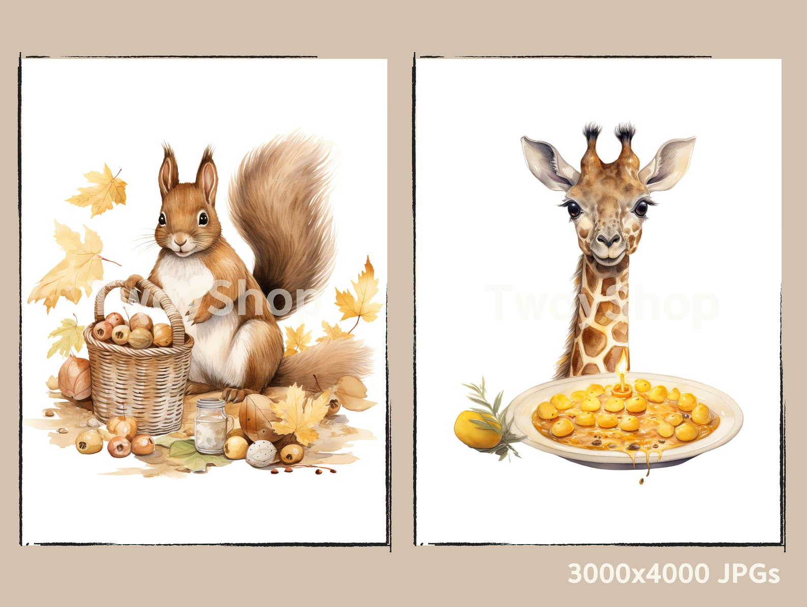 Watercolor Animals' Fall Kitchen Clipart, 12 High Quality PNG Files and ...