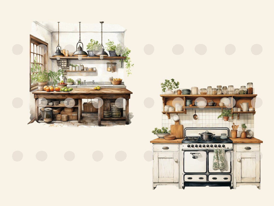 Watercolor Rustic Kitchen Clipart, 10 Elements High Quality Jpegs and ...