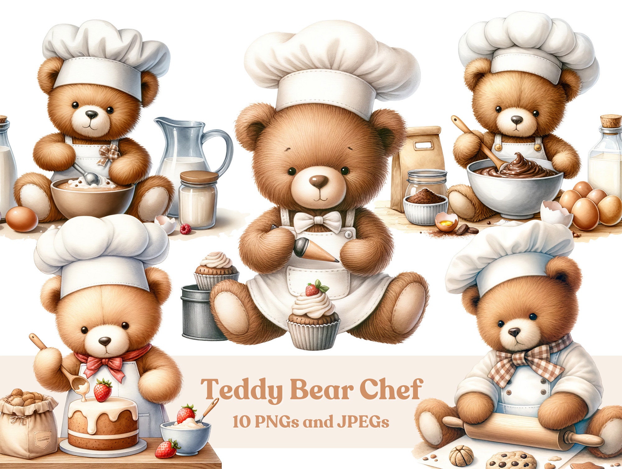 Cute Teddy Bear Chef Clipart Set 10 High-quality PNG & JPG Files for ...