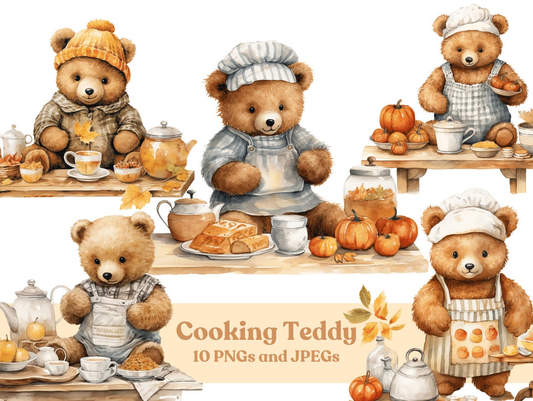Watercolor Cooking Teddy Clipart, Teddy Bear 10 High Quality PNG Files ...