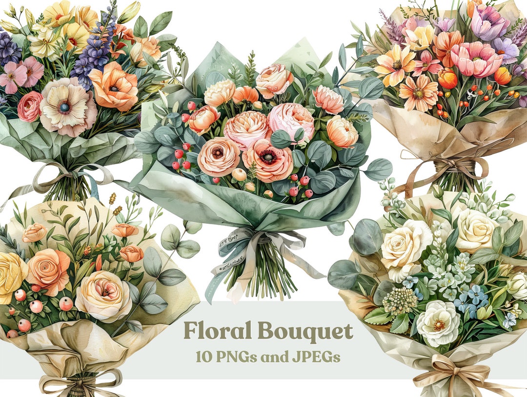Watercolor Floral Bouquet Clipart: Spring Flower PNG Jpegs (digital ...