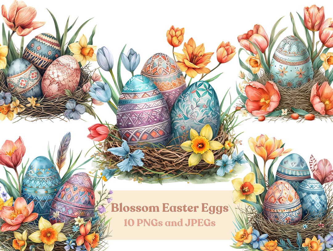 Watercolor Blossom Easter Eggs Clipart, Hello Spring Flowers and Eggs ...