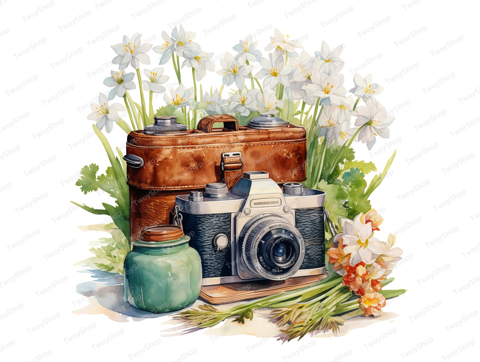 Watercolor Spring Camera Clipart, Hello Spring Floral Vintage Camera 10 ...