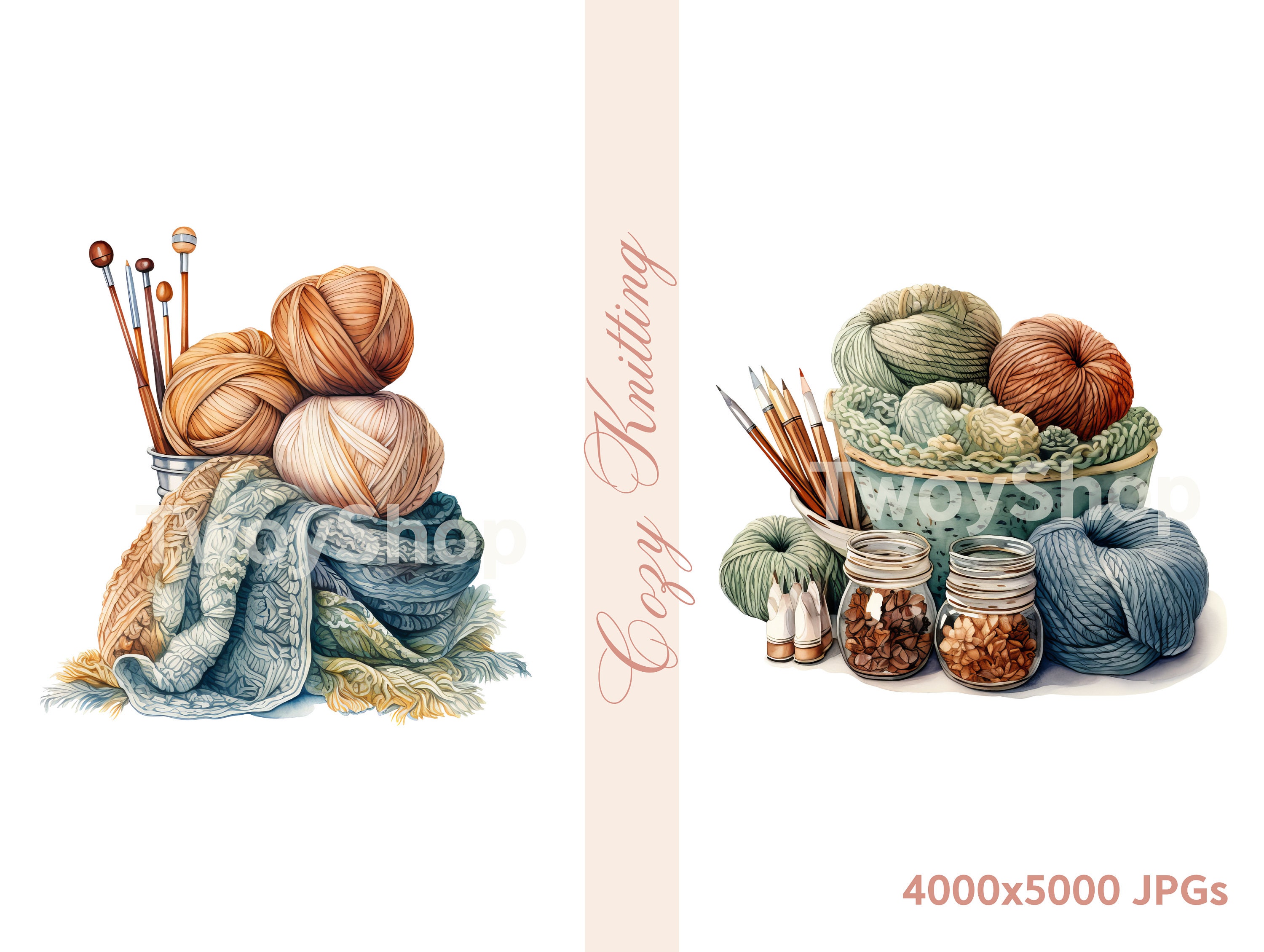 Watercolor Cozy Knitting Clipart, 10 High Quality Jpegs and PNG Files ...
