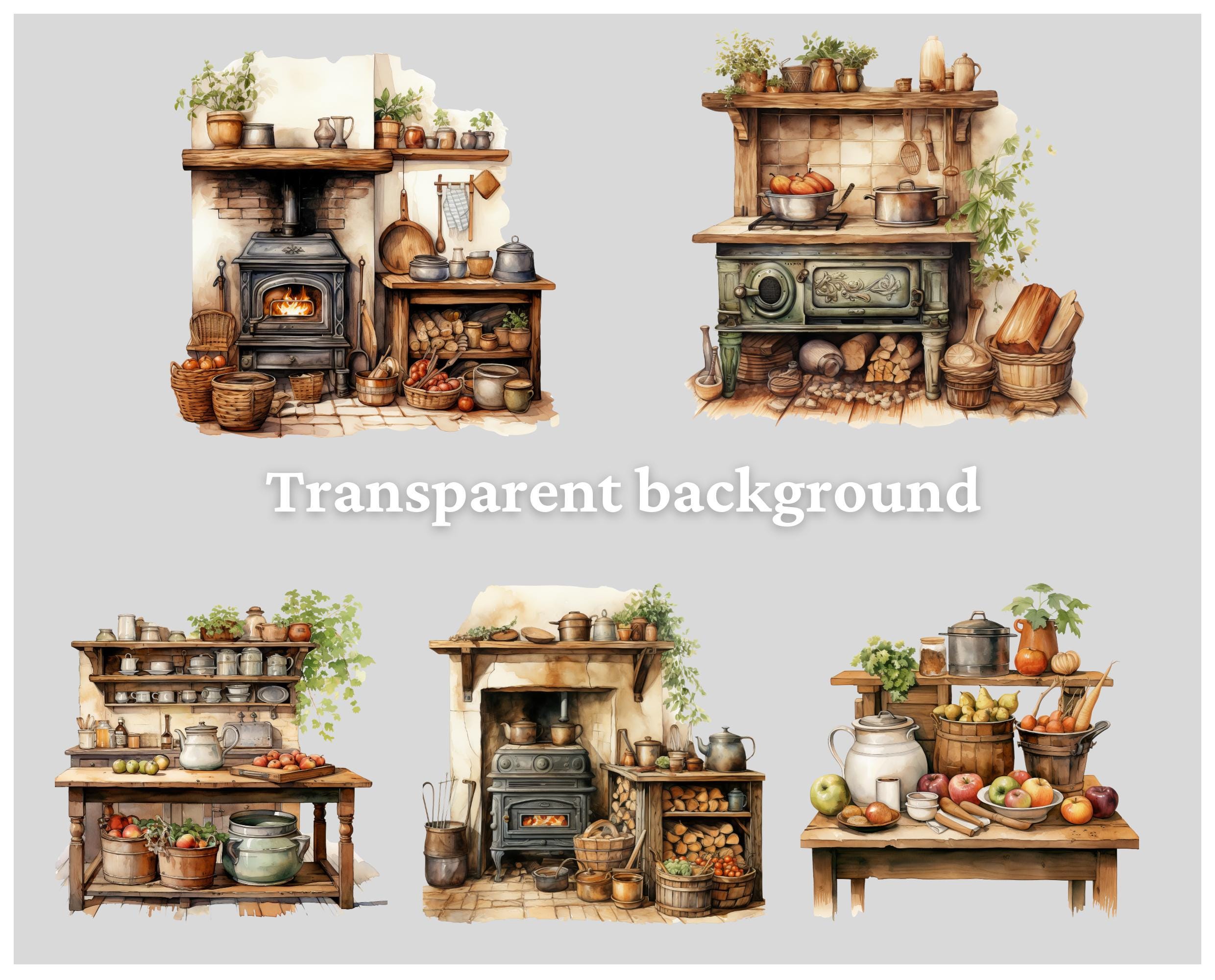 Watercolor Rustic Kitchen Clipart: Cozy Cottage Illustrations (digital ...