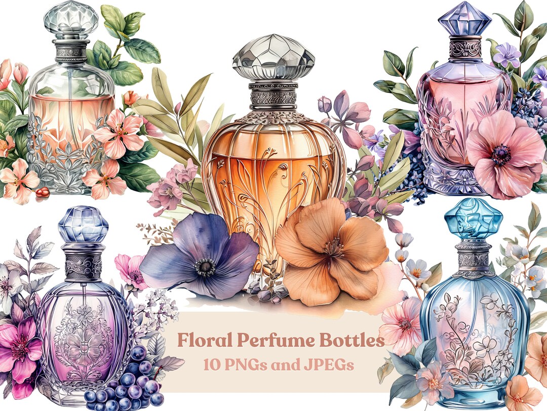 Watercolor Floral Perfume Bottles Clipart, Commercial Use (digital ...