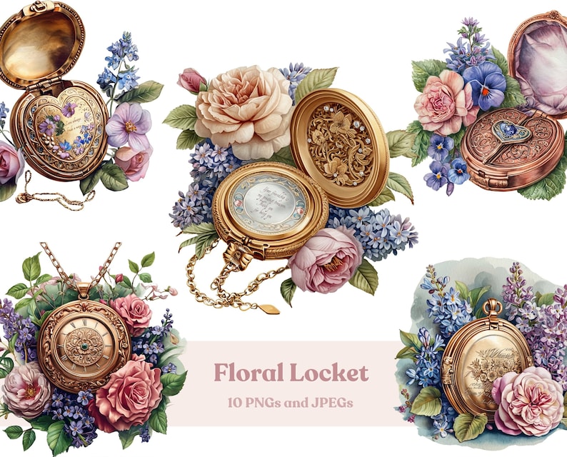 Elegant Floral Locket Clipart Set - 10 High-quality PNG and JPG Files ...