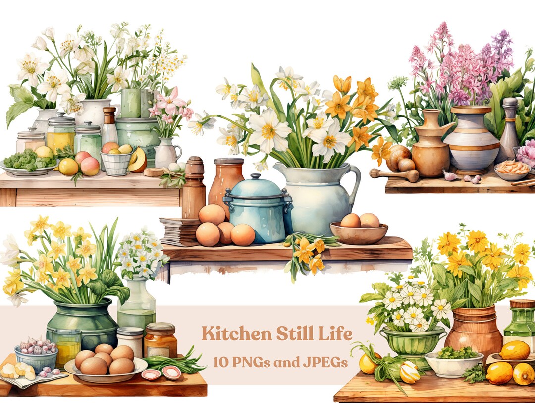 Kitchen Still Life Watercolor Clipart, 10 High-quality PNG and JPG ...