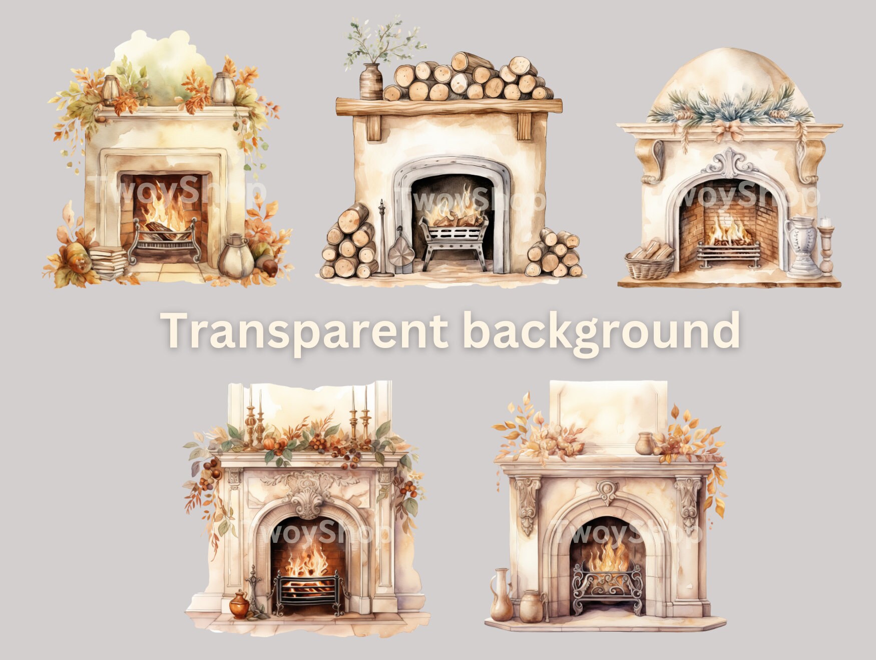Watercolor Cozy Fireplace Clipart, 10 High Quality Jpegs and Pngs ...