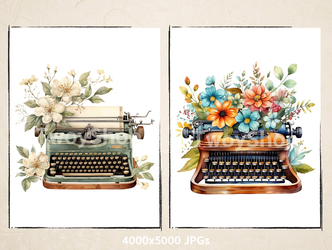 Watercolor Floral Typewriter Clipart, 10 High Quality Jpegs and Pngs ...