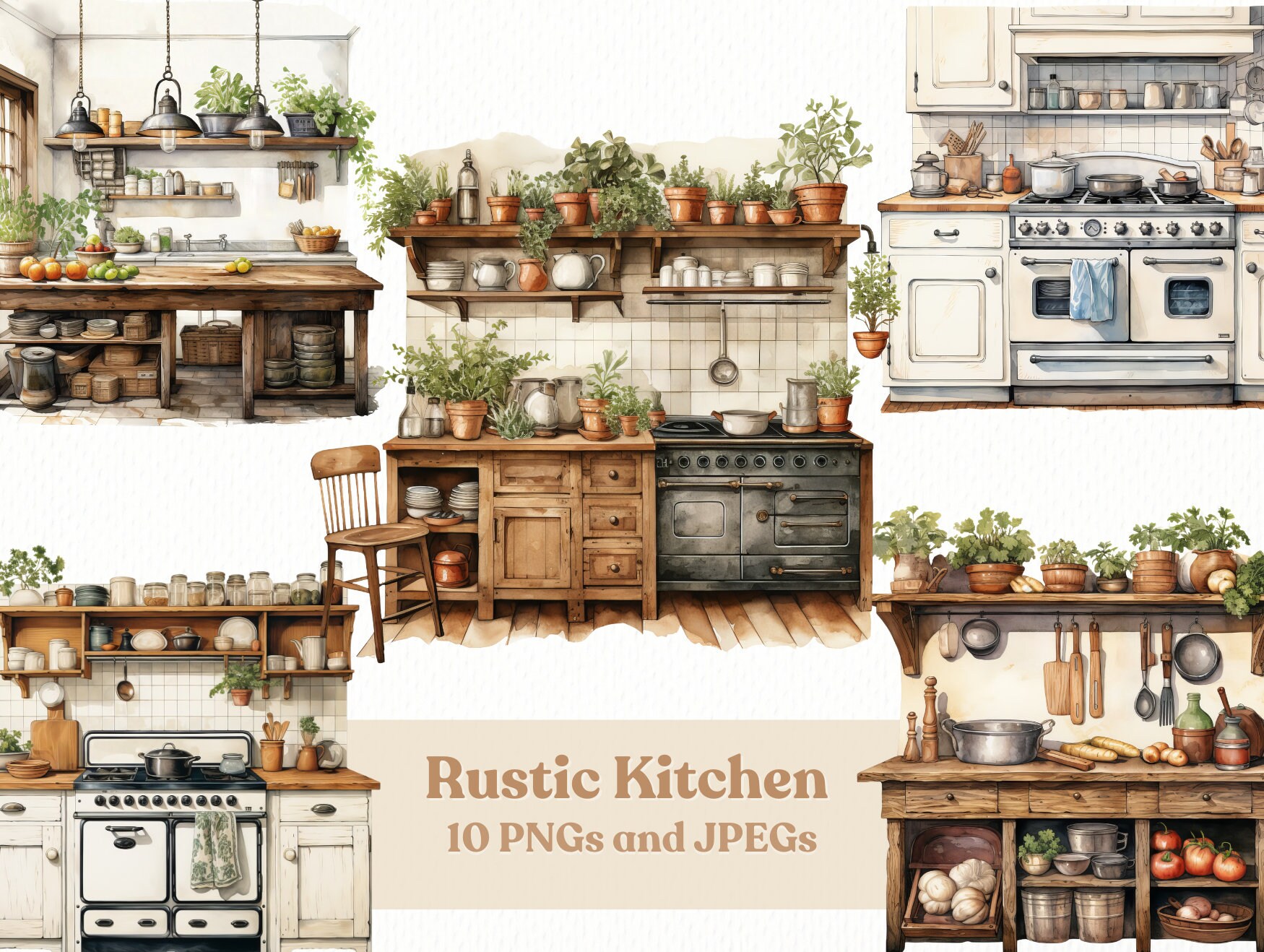 Watercolor Rustic Kitchen Clipart, 10 Elements High Quality Jpegs and ...