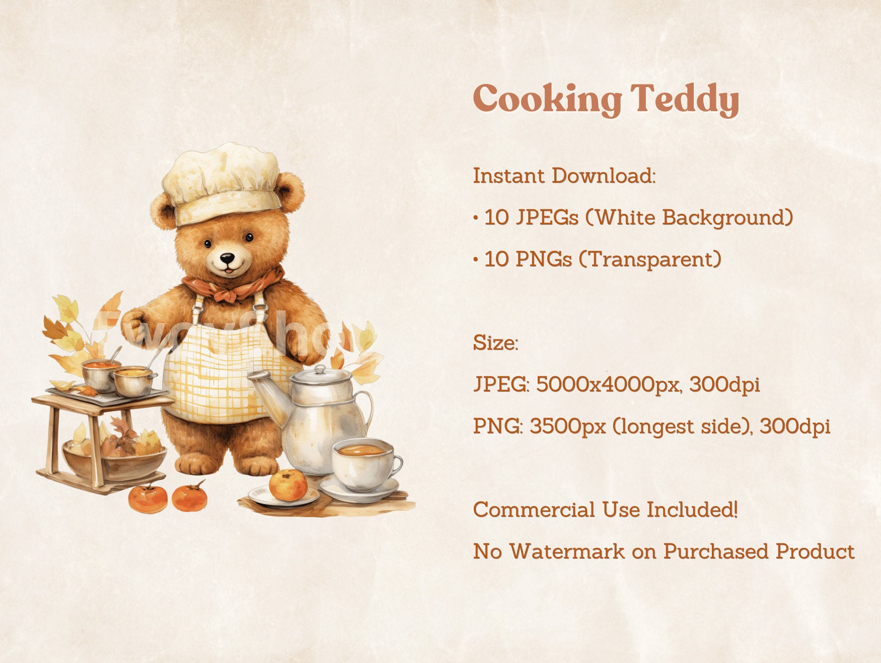 Watercolor Cooking Teddy Clipart, Teddy Bear 10 High Quality PNG Files ...