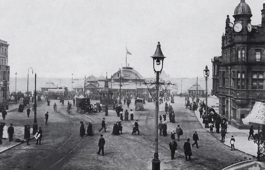 Old Coastal Town Square Scene - Historical Black and White Photo ...