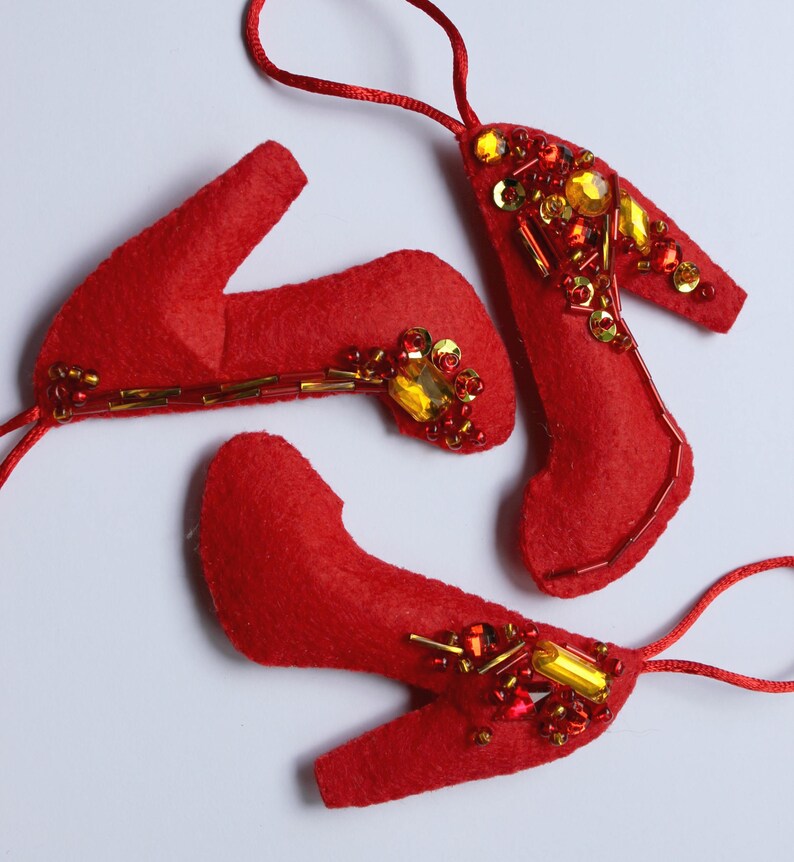 Felt Christmas heels ornaments beaded red ornaments with gold | Etsy