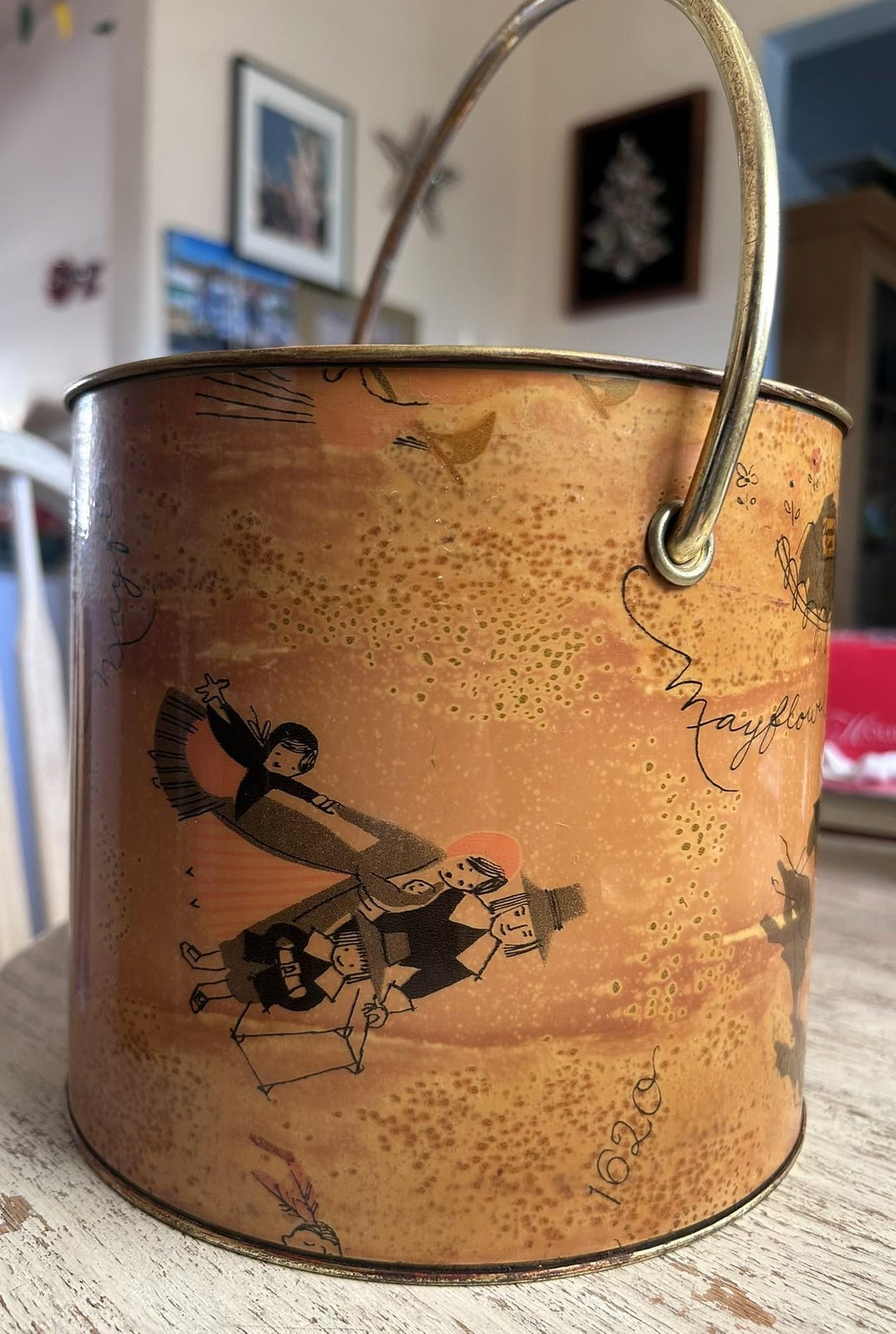 Vintage MCM Brass & Glass Ice Bucket 1620 Mayflower Pilgrims Pattern ...
