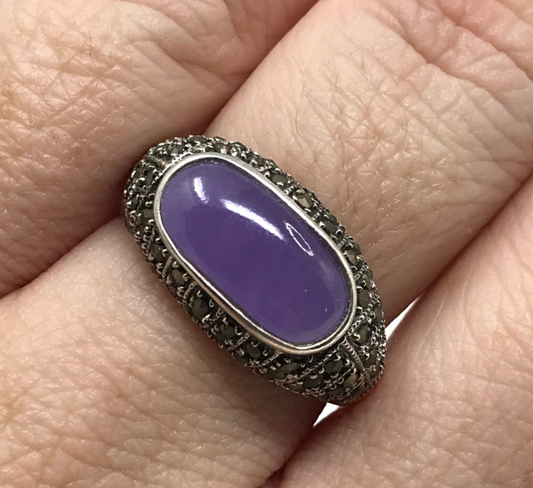 Purple Jade and Marcasite Ring Size 9.25/sterling Silver/wide Band ...