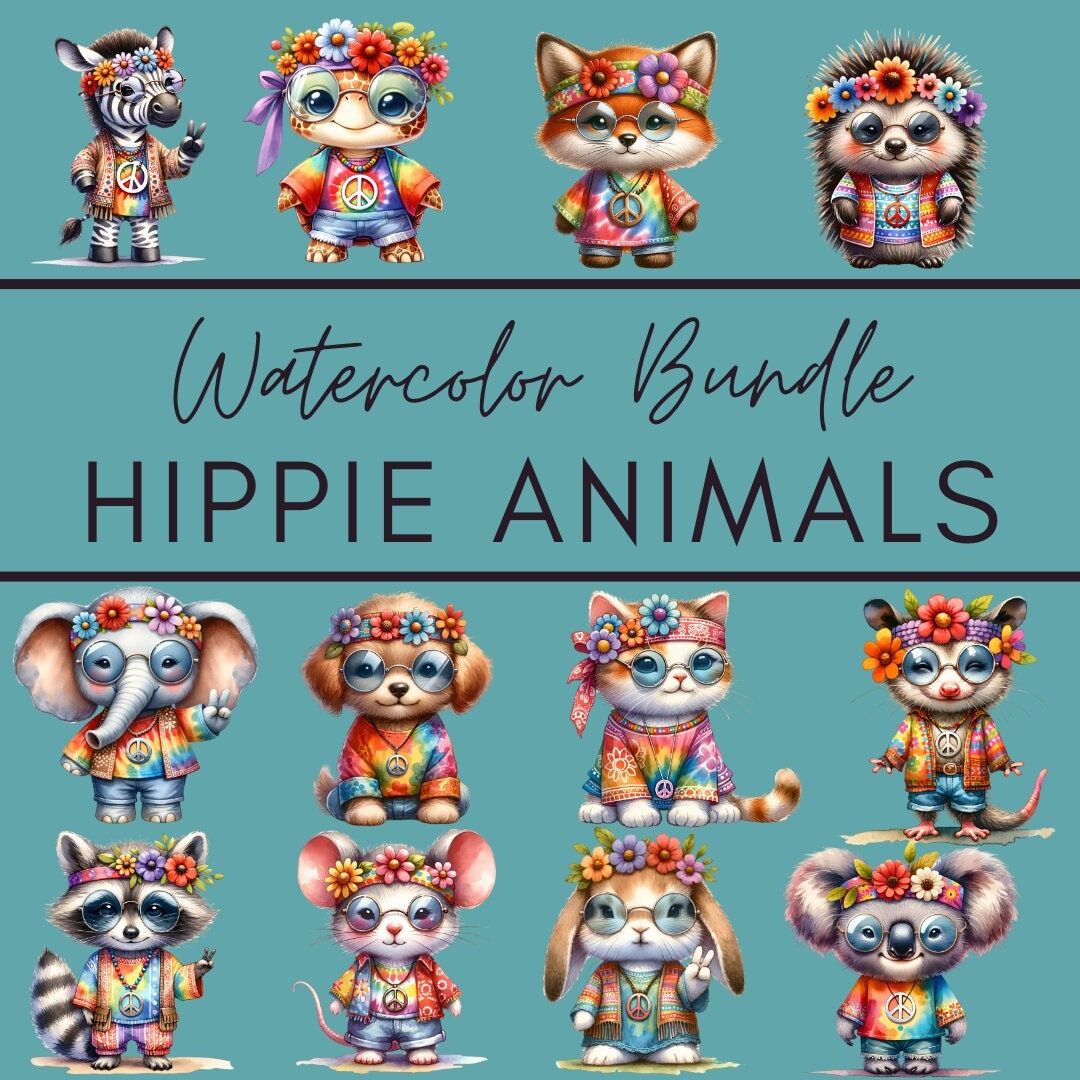 25 Hippie Animals Digital Clip Art Commercial Use Sublimation PNG ...