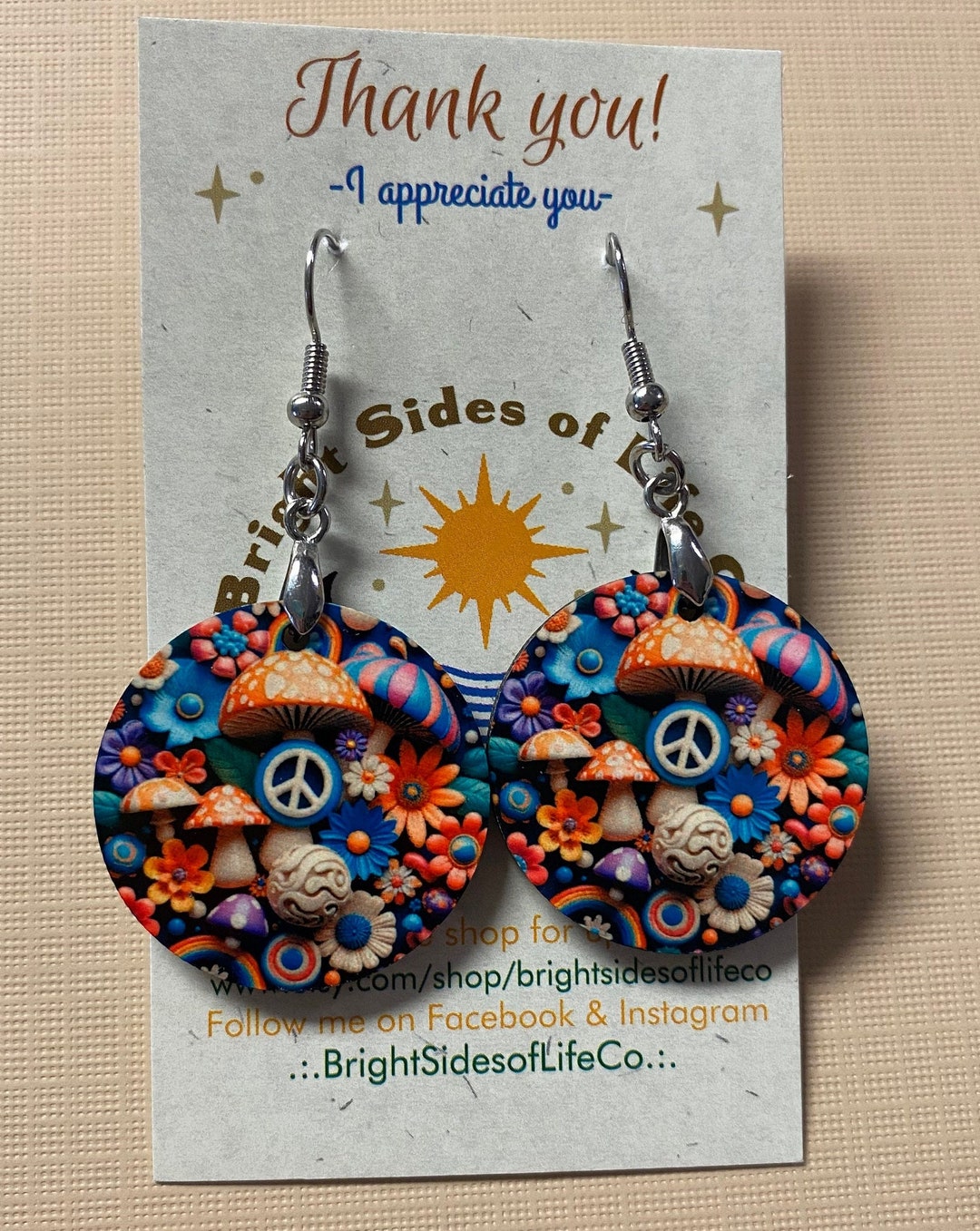 3D Mushroom Peace Sign Retro 70s Dangle Earrings Funky Jewelry Gift ...