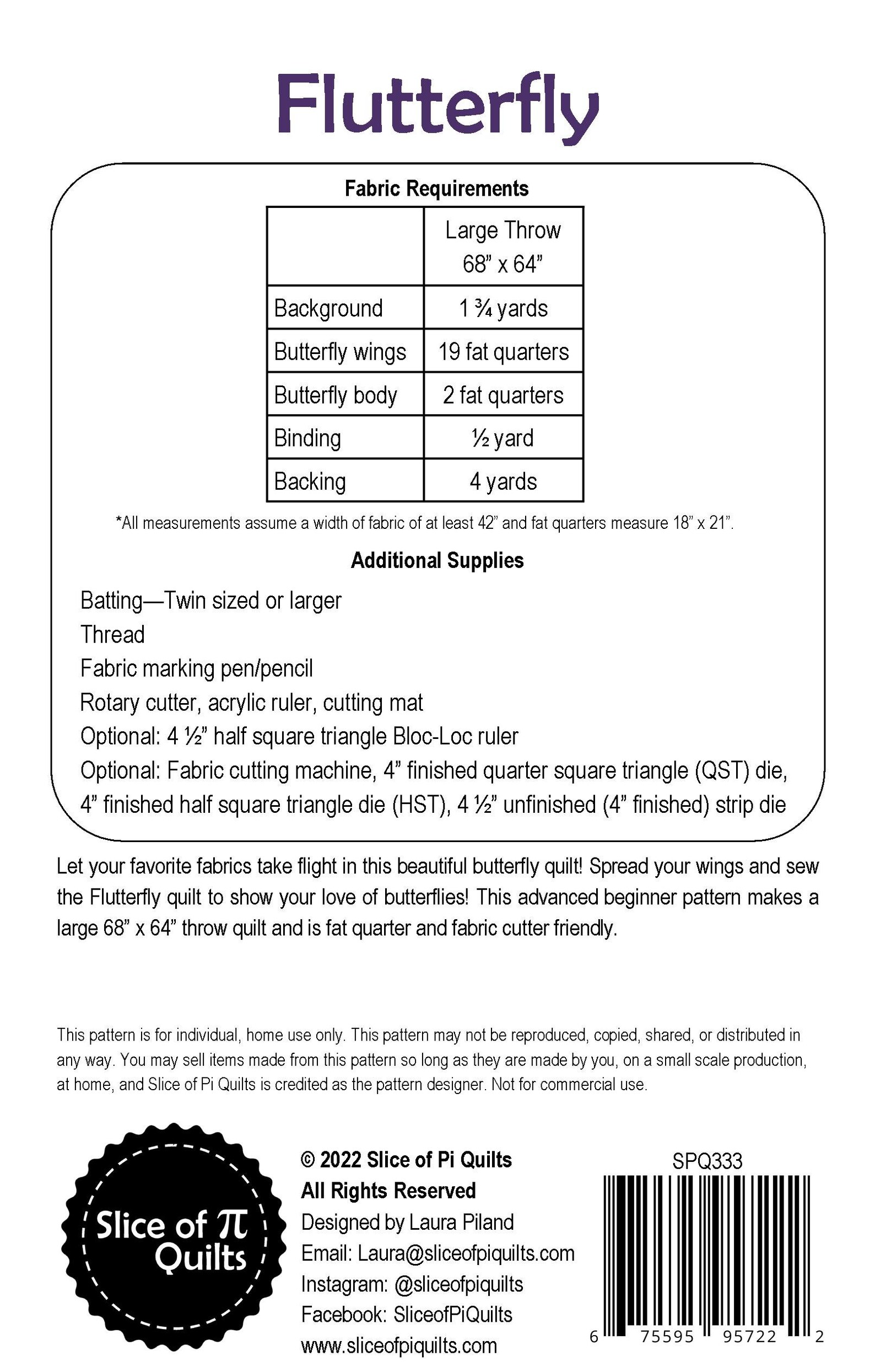 PAPER Flutterfly Quilt Pattern by Slice of Pi Quilts fat - Etsy