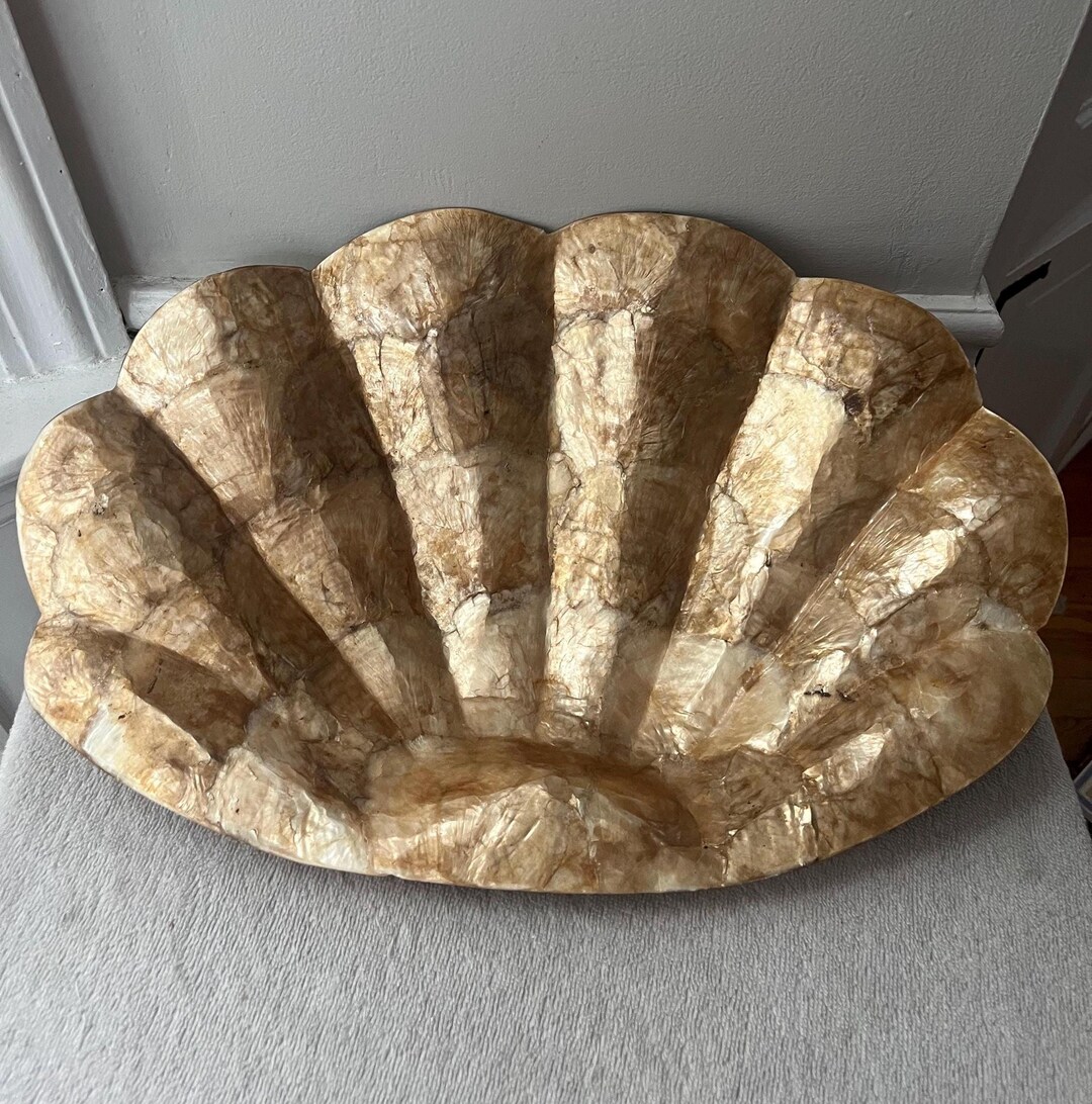 Vintage Large Capiz Shell Dish Bowl Tray 17" Platter Shiny Opalescent ...