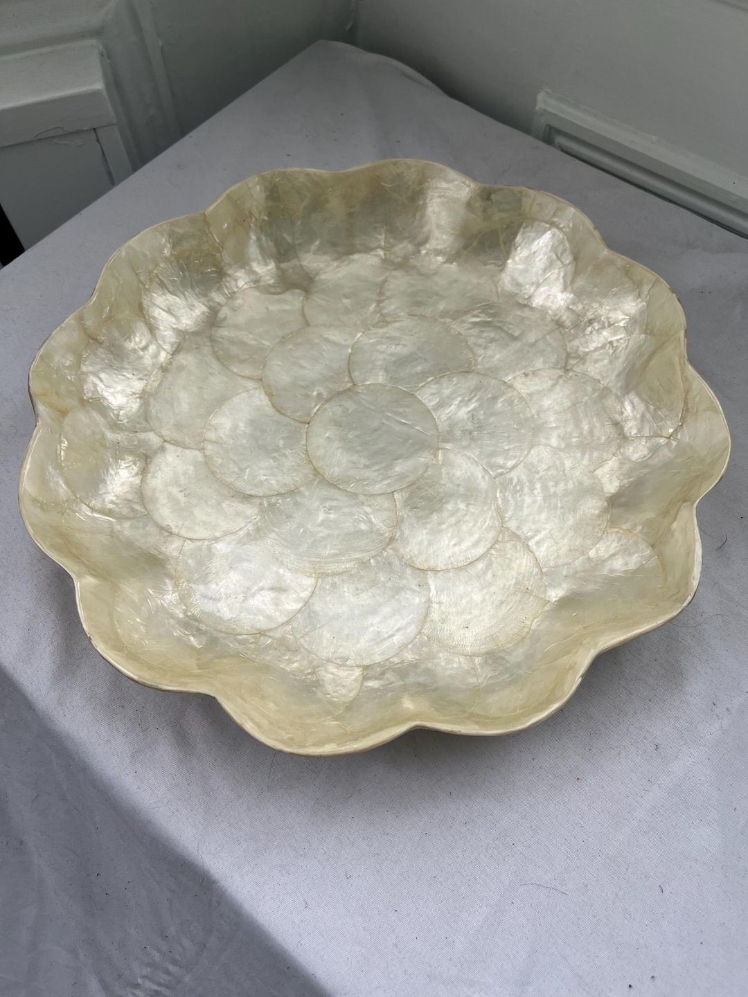 Vintage Capiz Shell Scalloped Edge Serving Dish Bowl Tray 12" Round ...