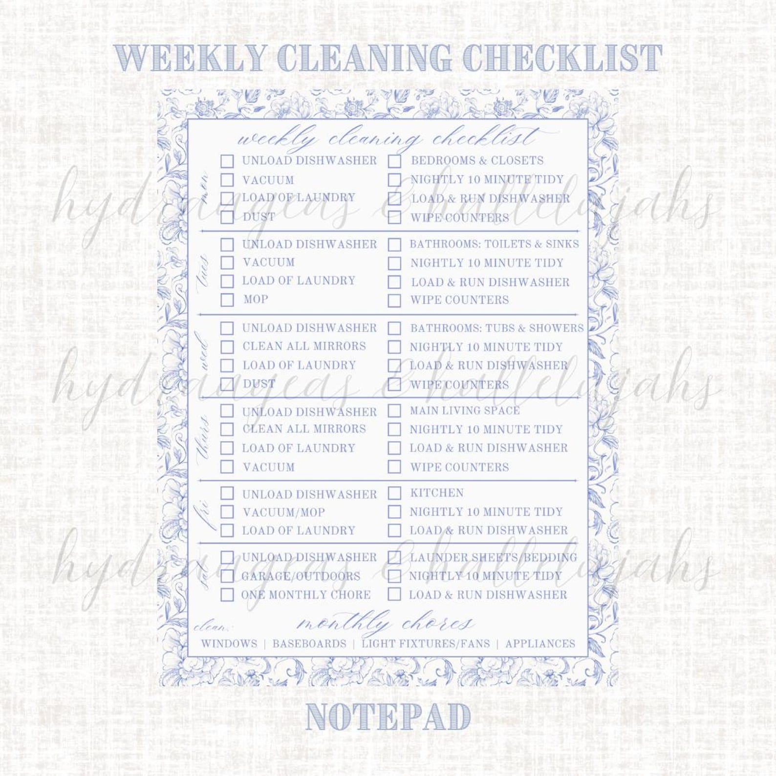 Weekly Cleaning Checklist Notepad, Cleaning Plan Notepad, Chore Chart ...