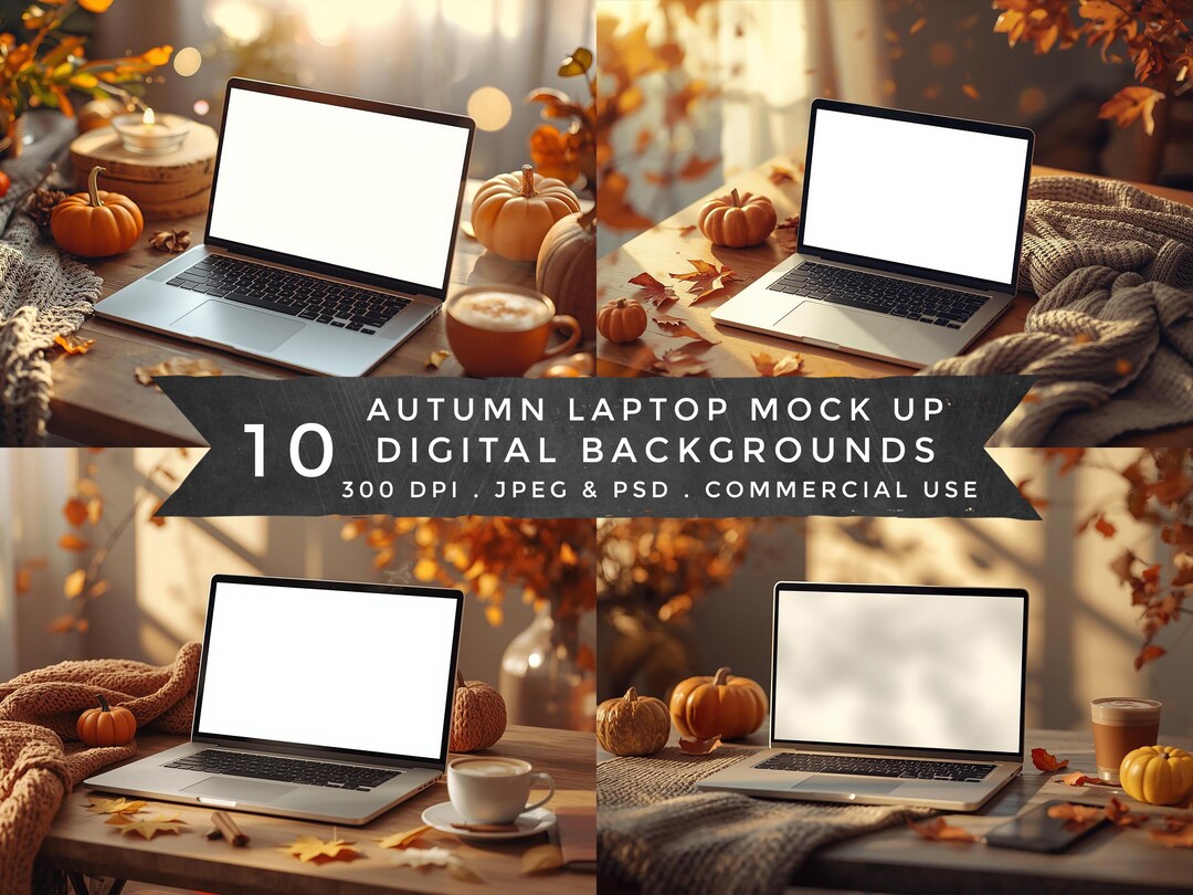 10 Autumn Laptop Mock-ups Bundle | PSD & JPEG | Fall Desk Mock-up ...