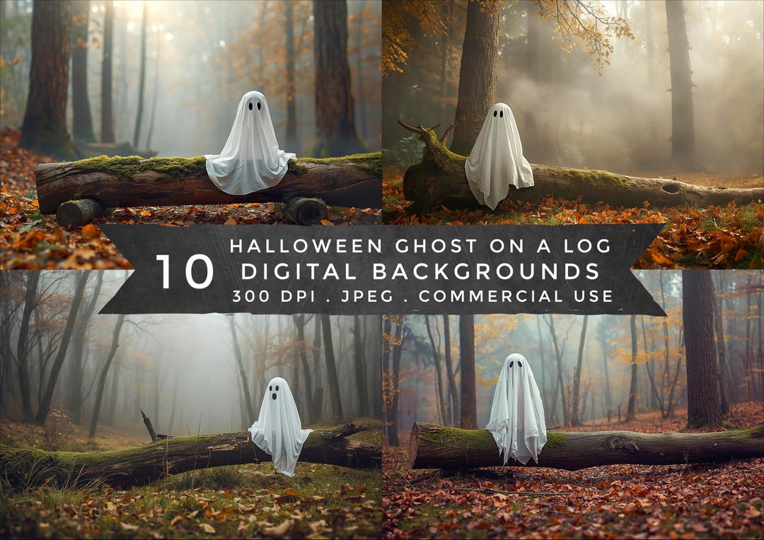 Halloween Ghost on Log Digital Backgrounds – Spooky Forest Overlays (10 ...