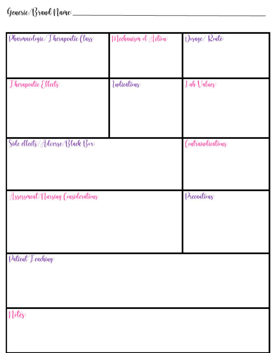 Medication Study Guide/template-printable/digital PDF in Color - Etsy