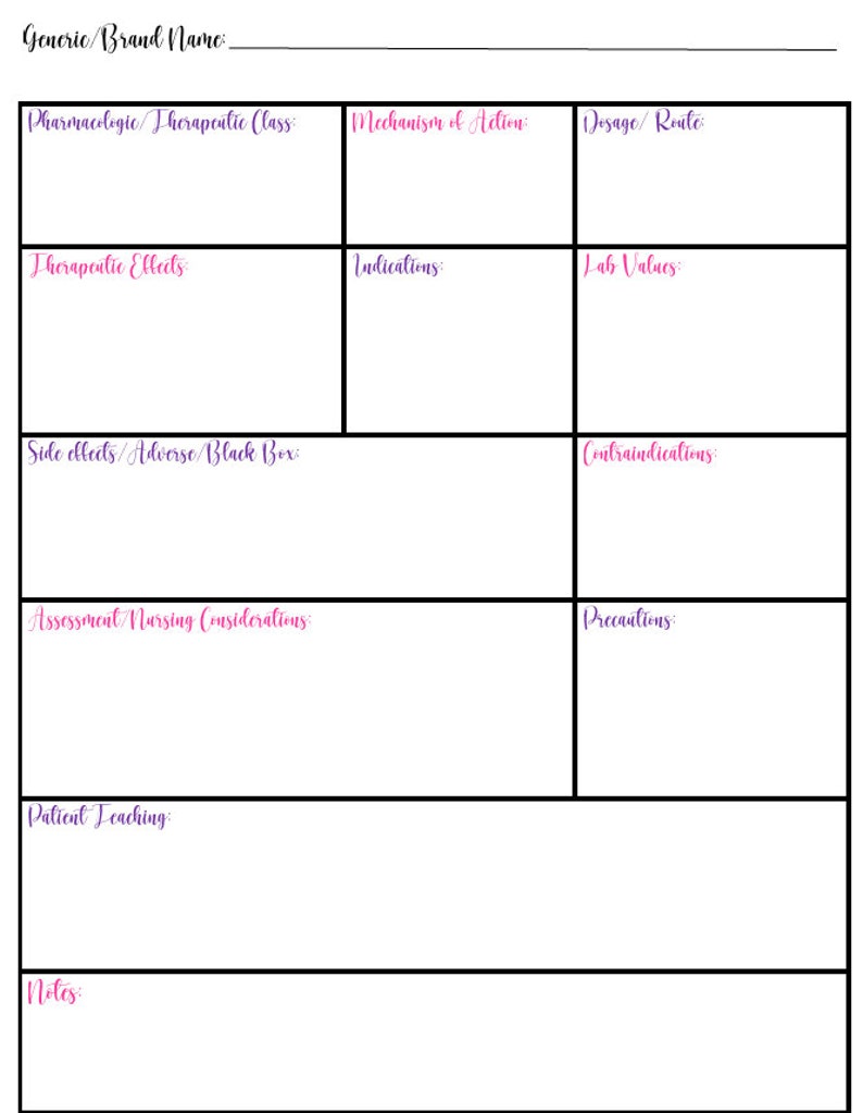 Medication Study Guide/template-printable/digital PDF in Color - Etsy
