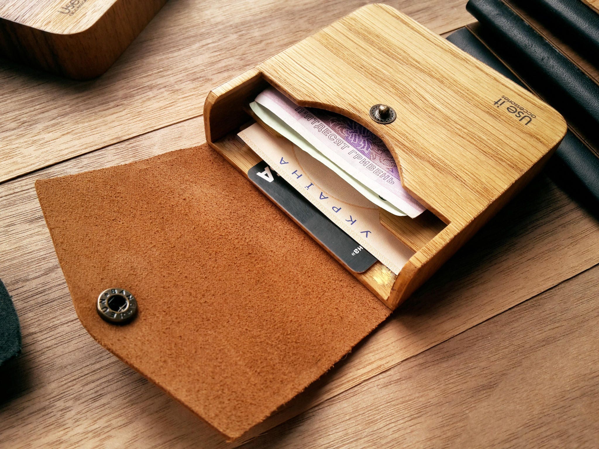 Wooden Wallet Leather Wallet Business Card Holder Wallet | Etsy