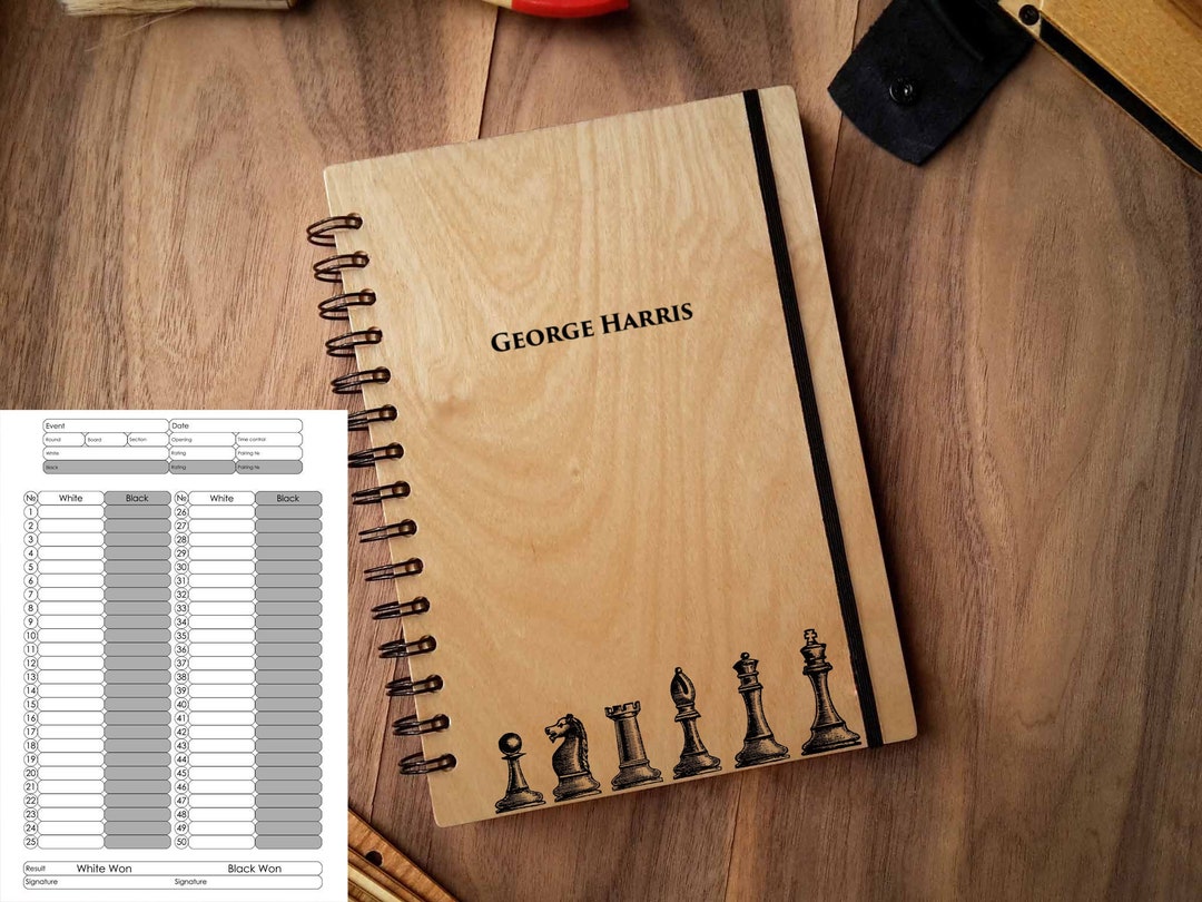 Wooden Chess Score Journal Custom Book With Print ( Ivory Pages ...