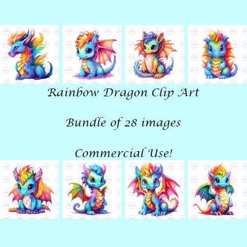 Rainbow Dragon Clip Art - 28 Bundle - PNG (with and Without Background ...