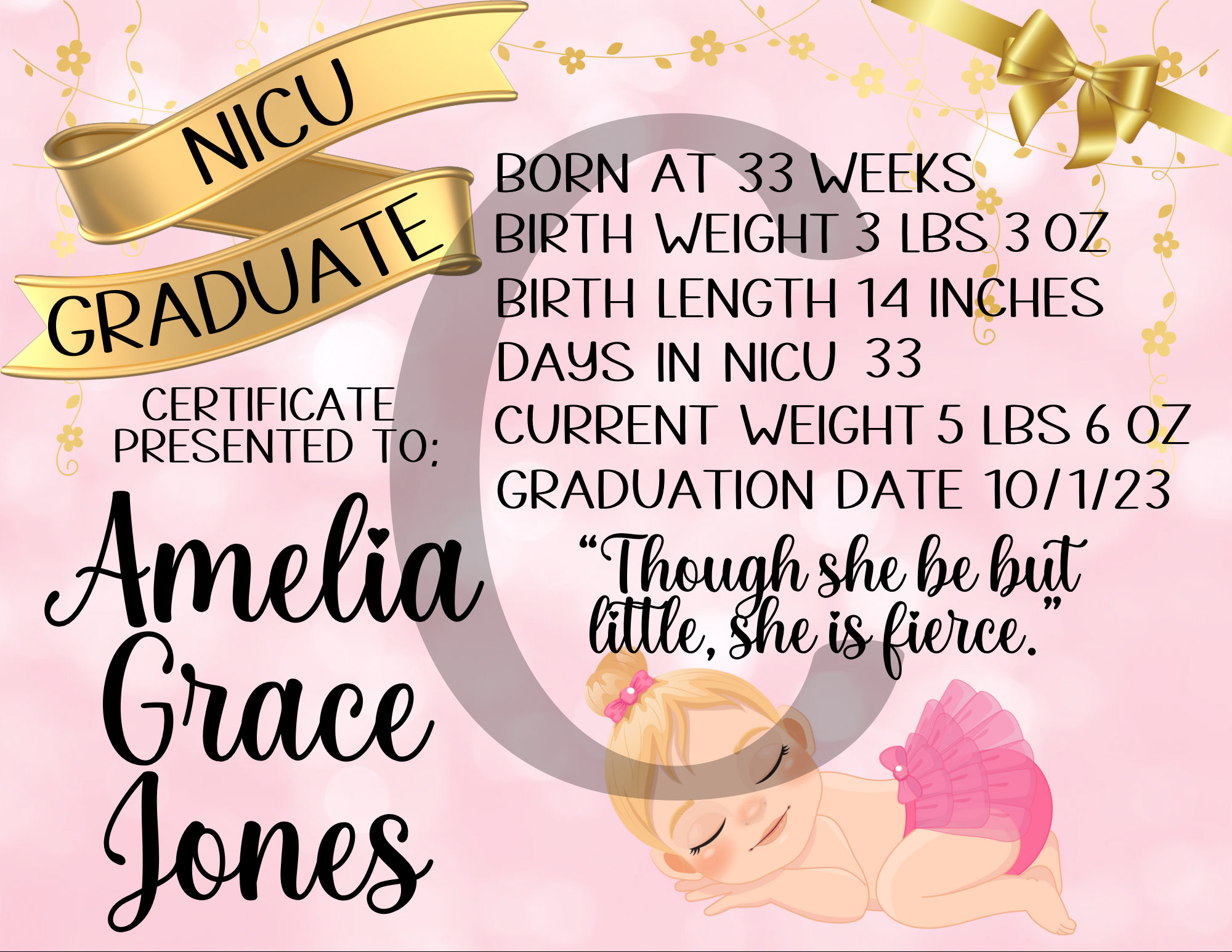 Customizable NICU Graduate Certificate Template for Baby Girl Printable ...