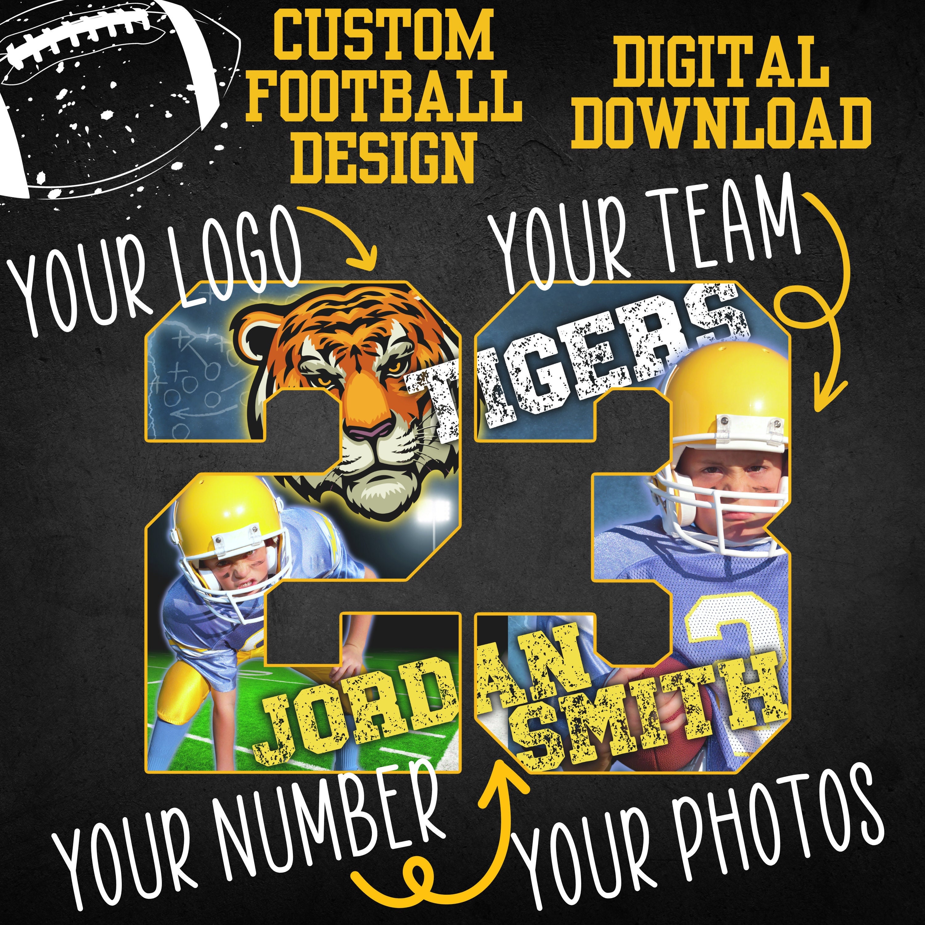 Custom Football Team Number Design With Field, Lightning Bolts ...