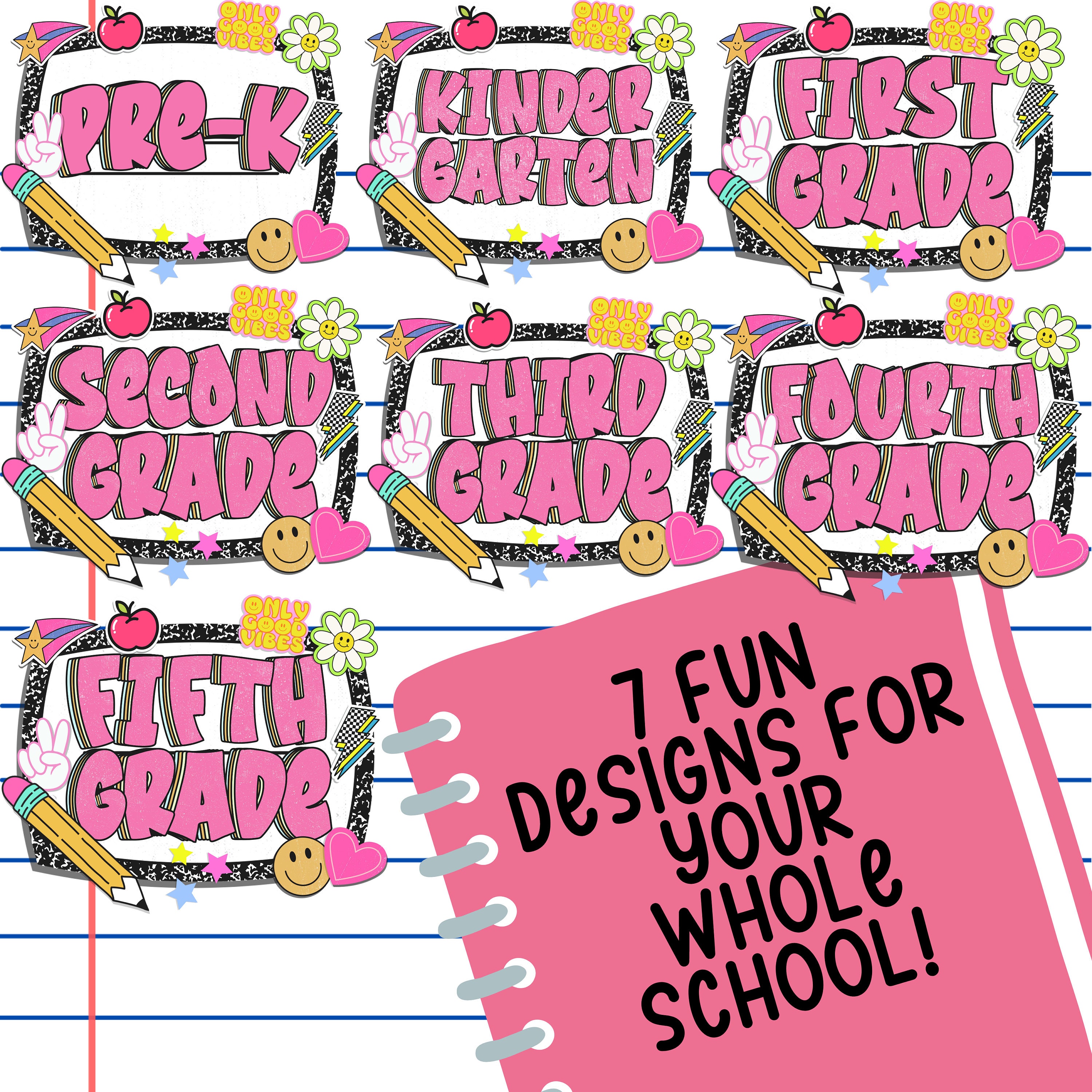 Back to School Grade Levels PNG Digital Bundle Composition Notebook ...