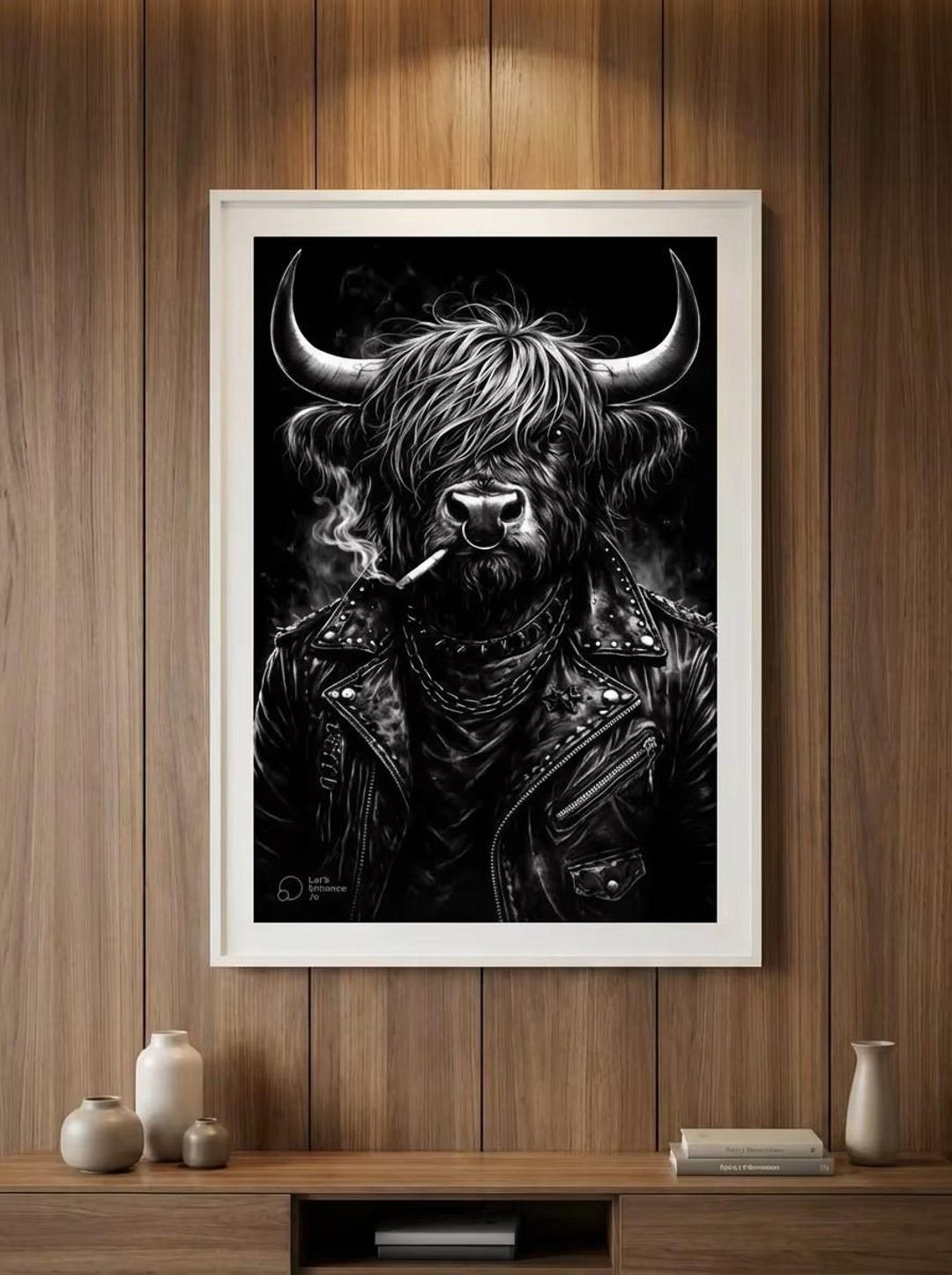 Rock & Roll Highland Cow Wall Art | Edgy Black and White Cow Print ...