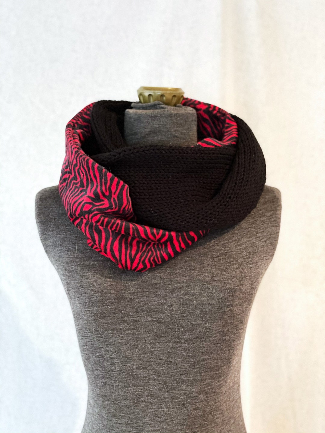 Zebra Print and Knit Infinity Scarf / Velvet Loop Scarf / Red and Black ...