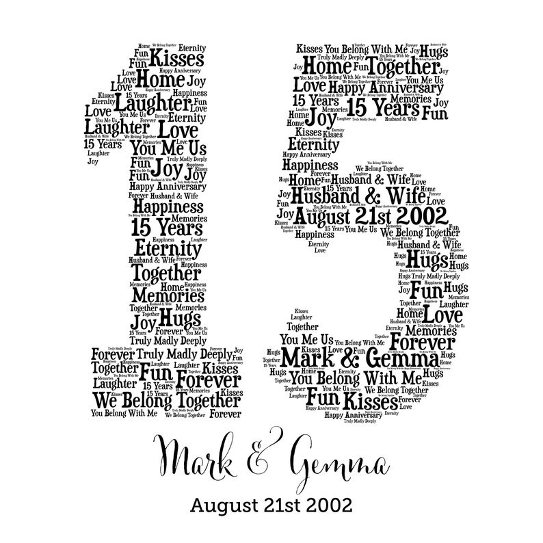 PERSONALIZED 15TH ANNIVERSARY Gift ~ Word Art ~ Printable Art ~ Unique ...