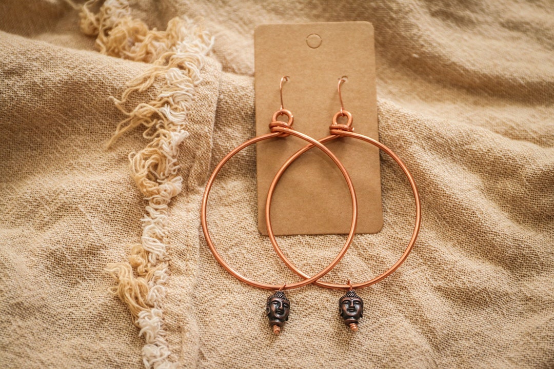 Copper Hoop Earrings With Buddha Head. Handmade Earrings. Light Weight ...
