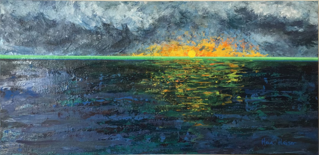 GREEN FLASH - Abstract Painting, in Blues and Yellow, With Bright Green ...