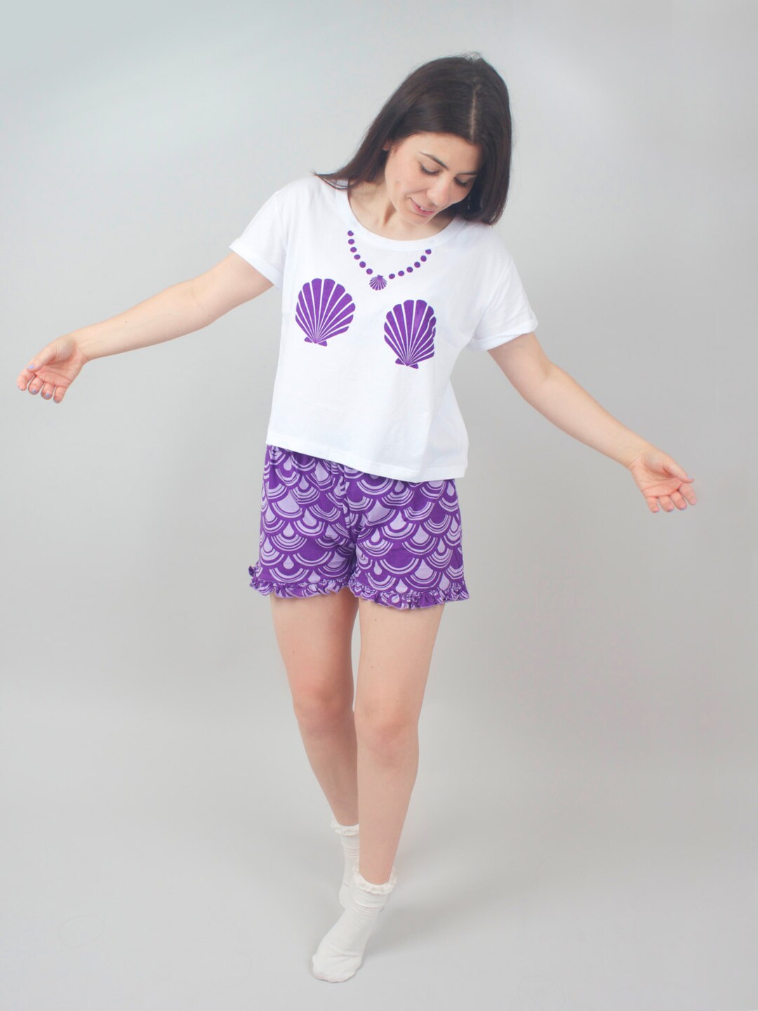 Ladies Mermaid Pyjama T Shirt and Shorts Set - 100% Cotton - Pyjama Set ...