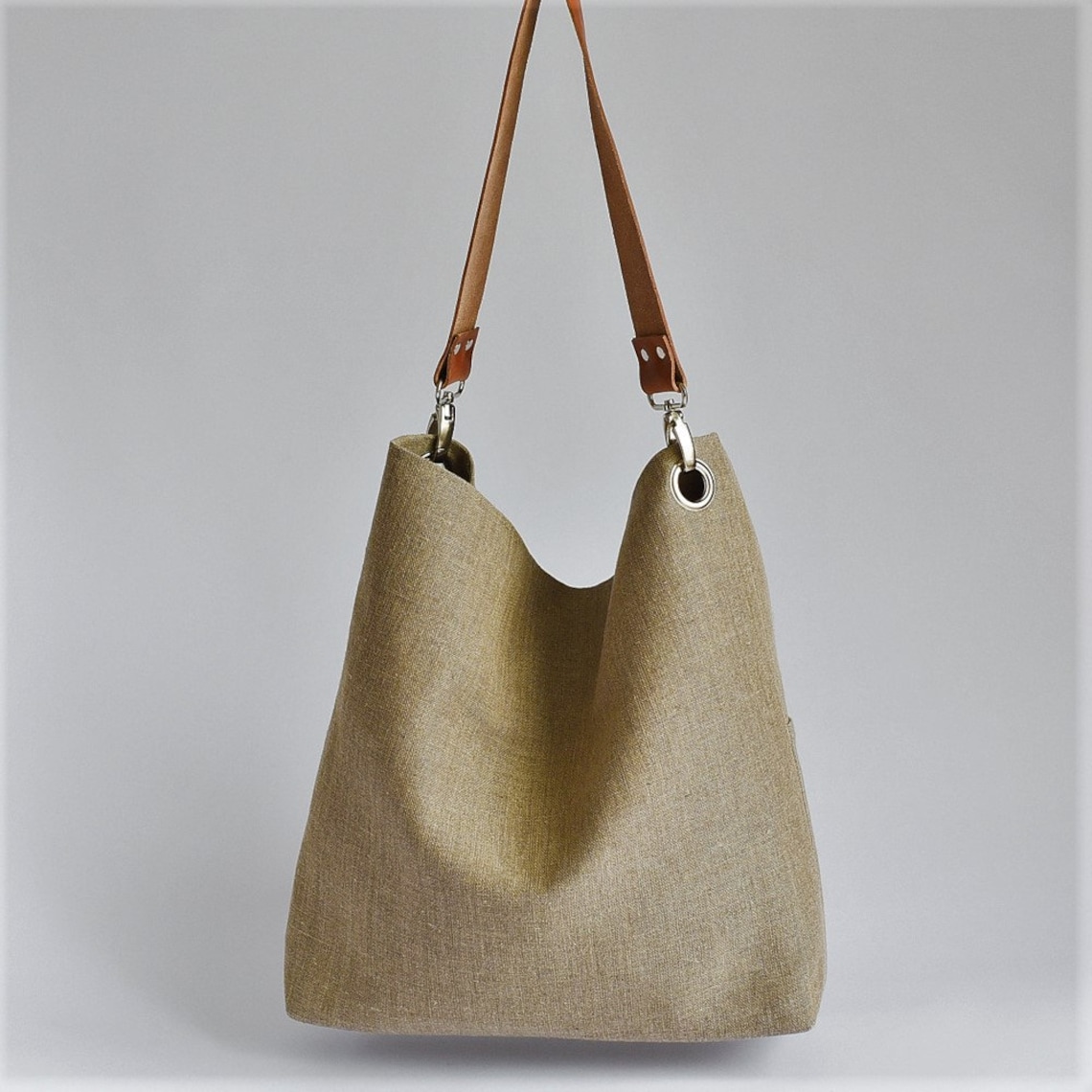 Natural Linen Tote Bag With Leather Handles, Medium Fabric Hobo Bag ...