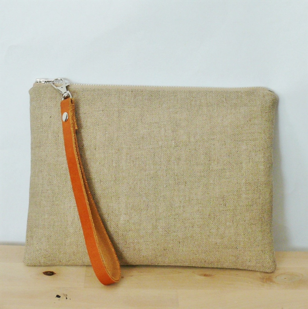 Natural Linen Zipped Pouch With Leather Wristlet Travel Purse for Women ...