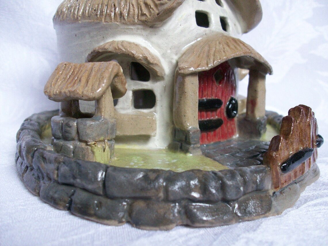 Handmade ceramic fairy house with garden and thatched roof | Etsy