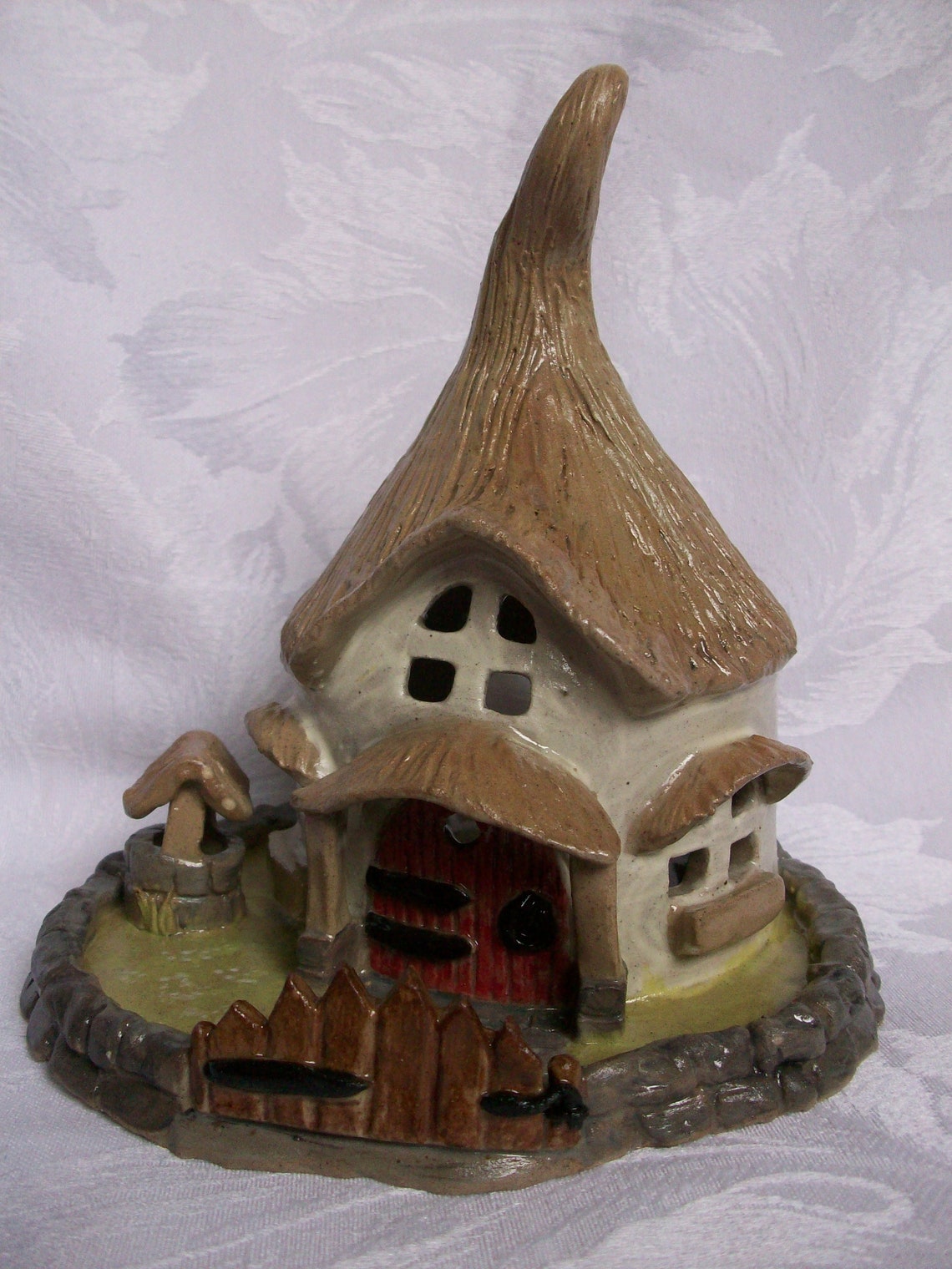 Handmade ceramic fairy house with garden and thatched roof | Etsy