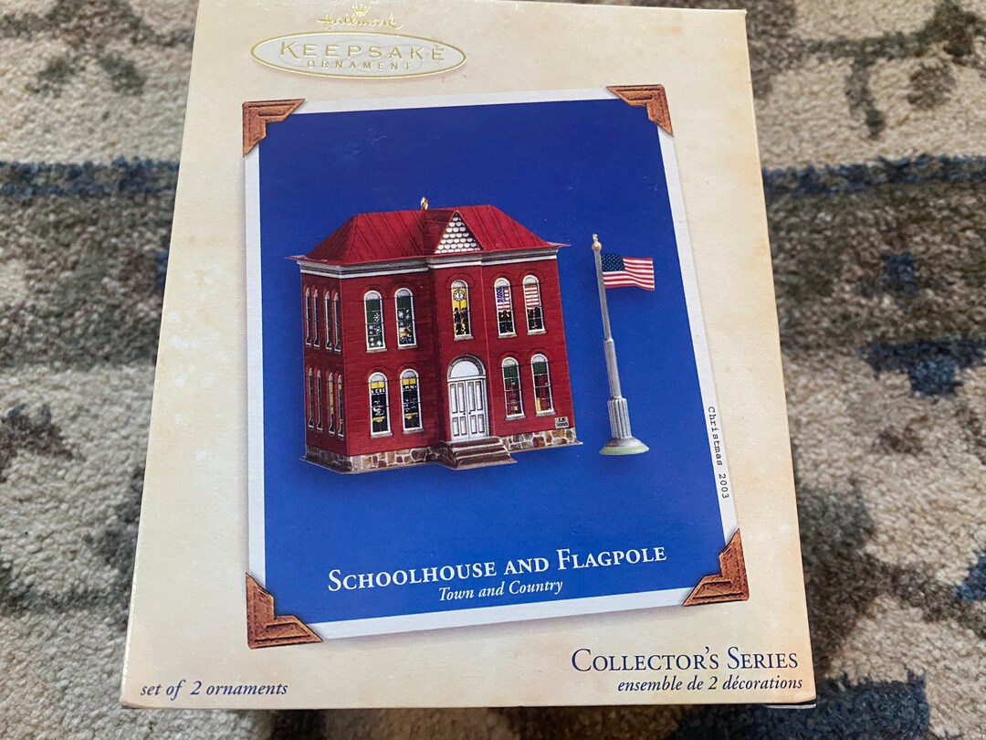 2003 Hallmark Keepsake Schoolhouse and Flag Pole Ornament Set - Etsy