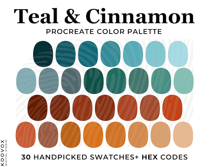 Teal & Cinnamon Procreate Color Palette: 30 Swatches + HEX Codes ...