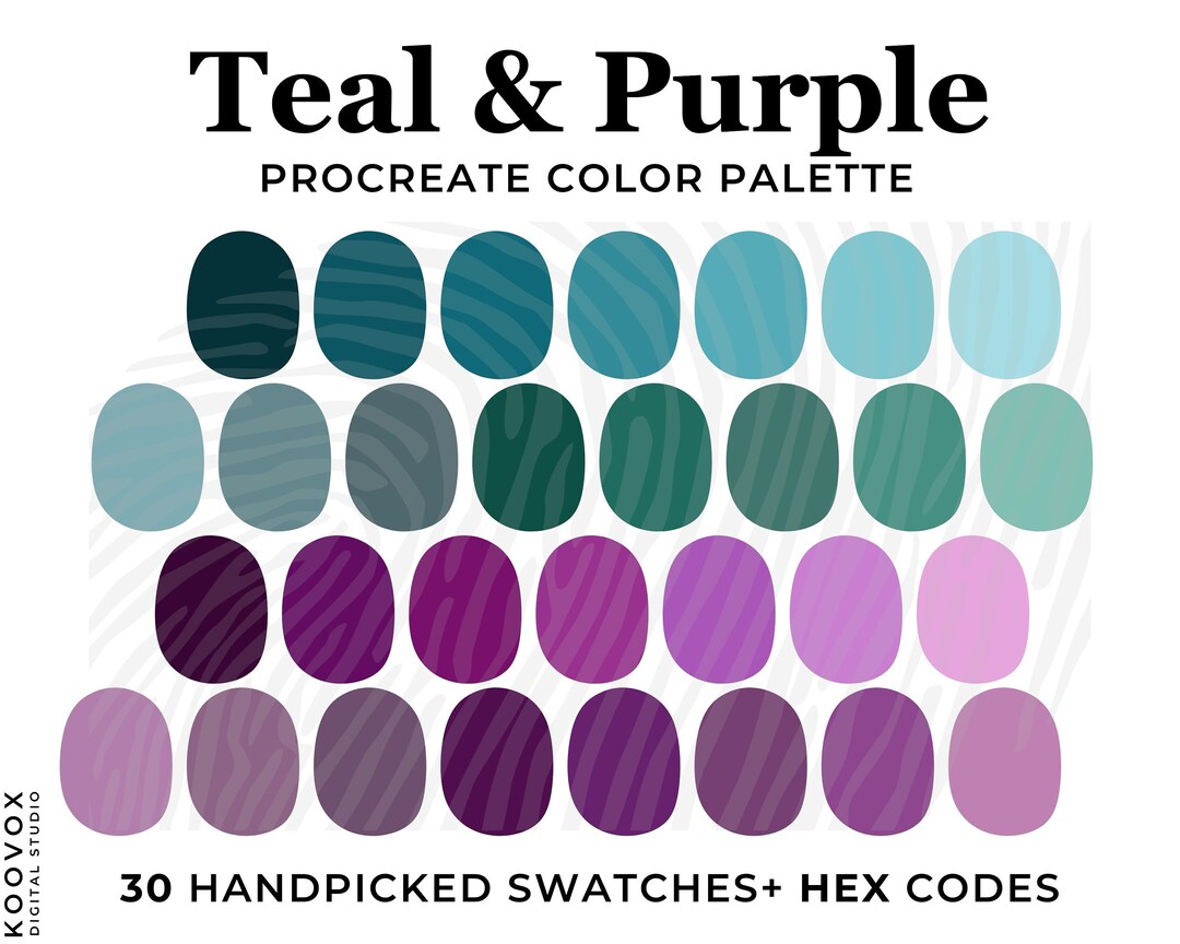 Teal Purple Procreate Color Palette: 30 Swatches, HEX Codes (digital ...