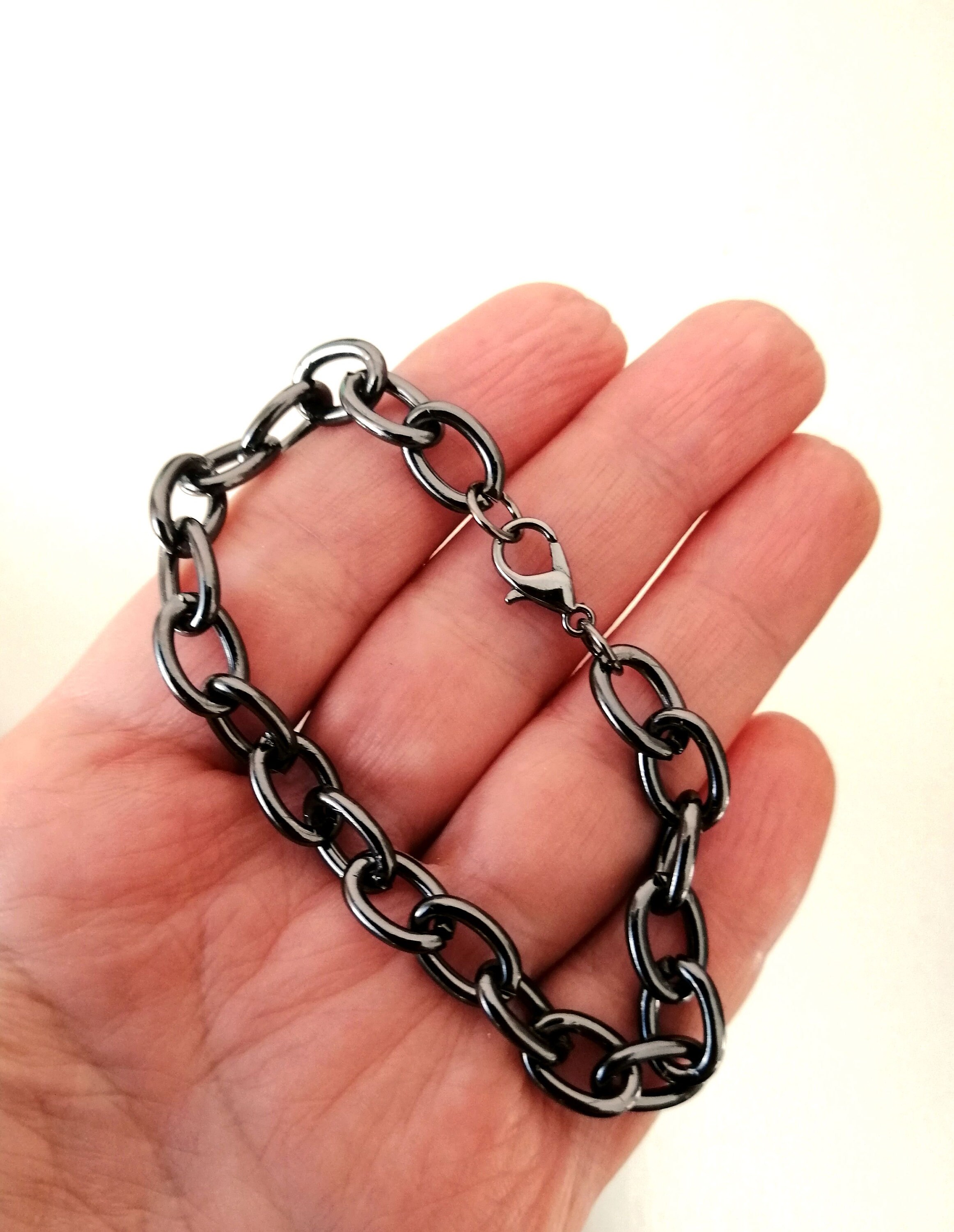 Black Steel Chain Bracelet for Men, 7 Mm Cable Chain Bracelet, Gift for ...